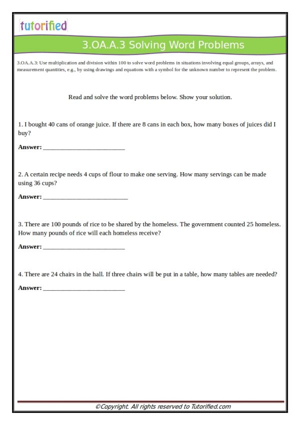 3rd Grade Common Core Math Worksheets
