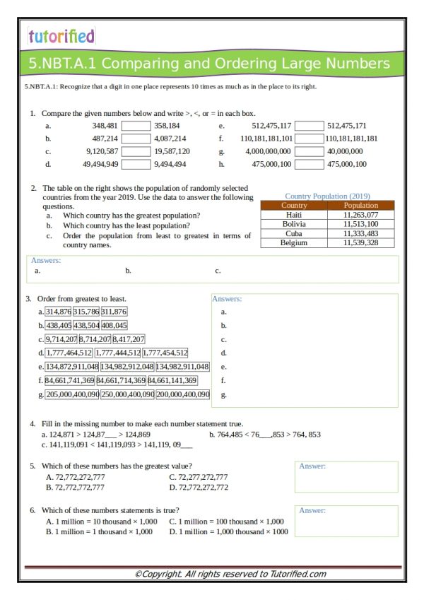 5th Grade Common Core Math Worksheets