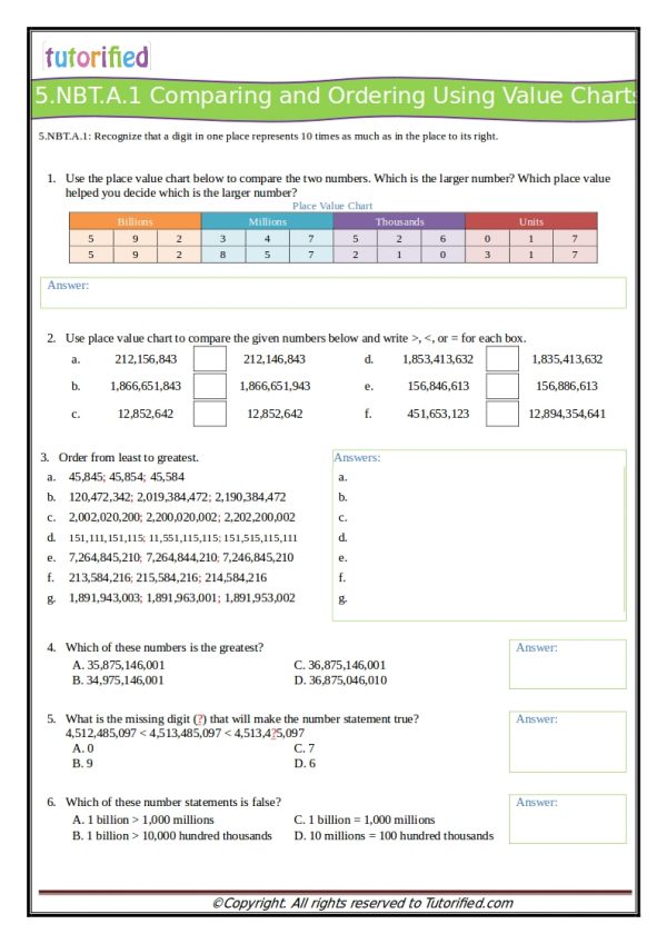 5th Grade Common Core Math Worksheets
