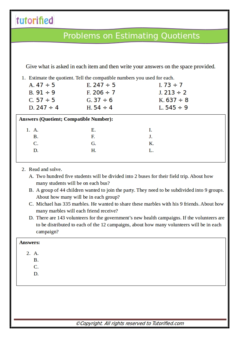 Estimating Quotients Grade 3 Worksheets Estimating Quotients Grade 3 Worksheets