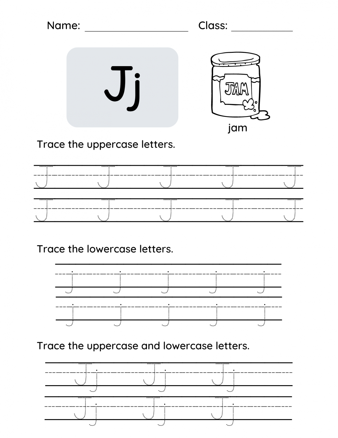 Letter J Tracing Worksheets for Toddlers and Preschool Children