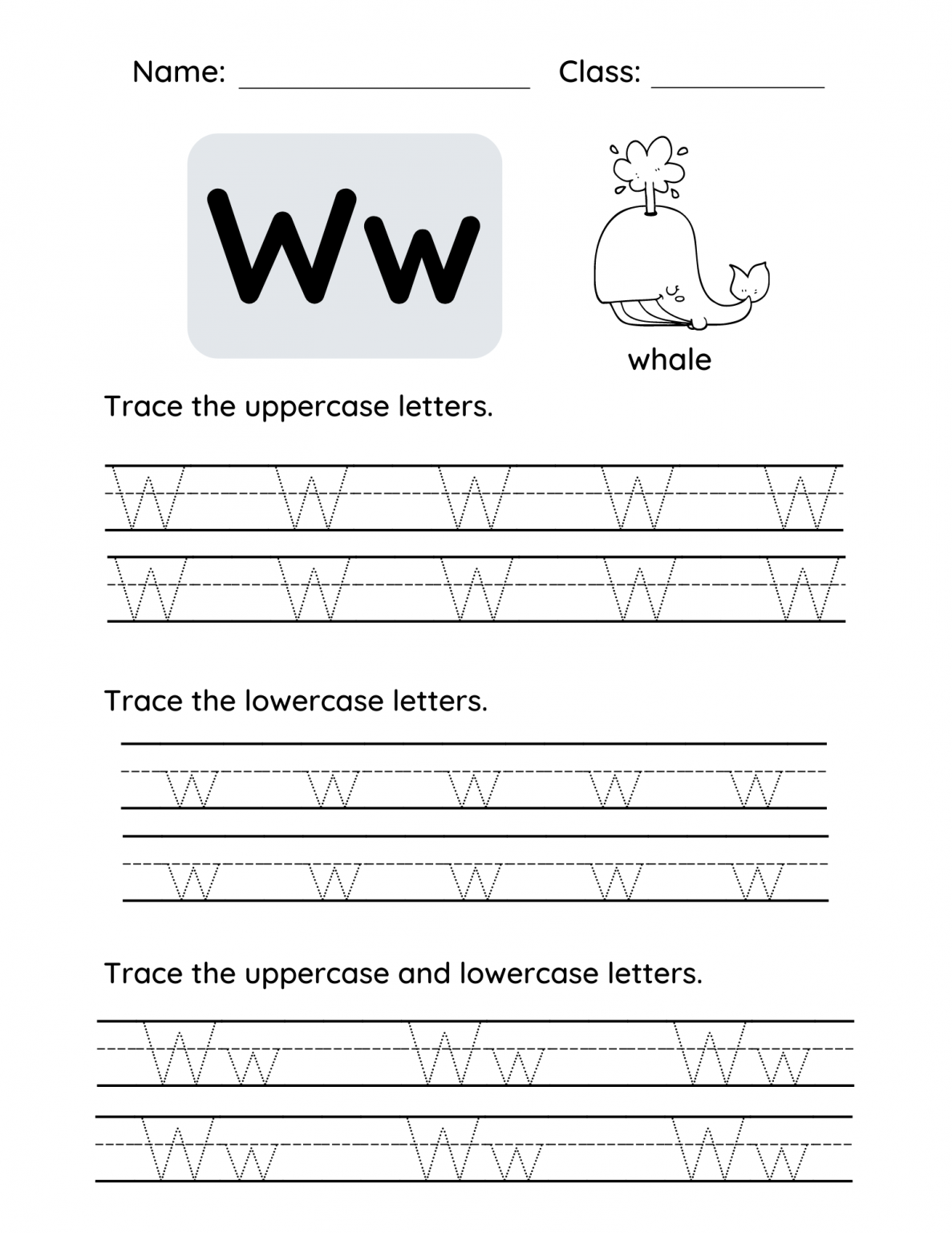 Letter W Tracing Worksheets for Toddlers and Preschool Children