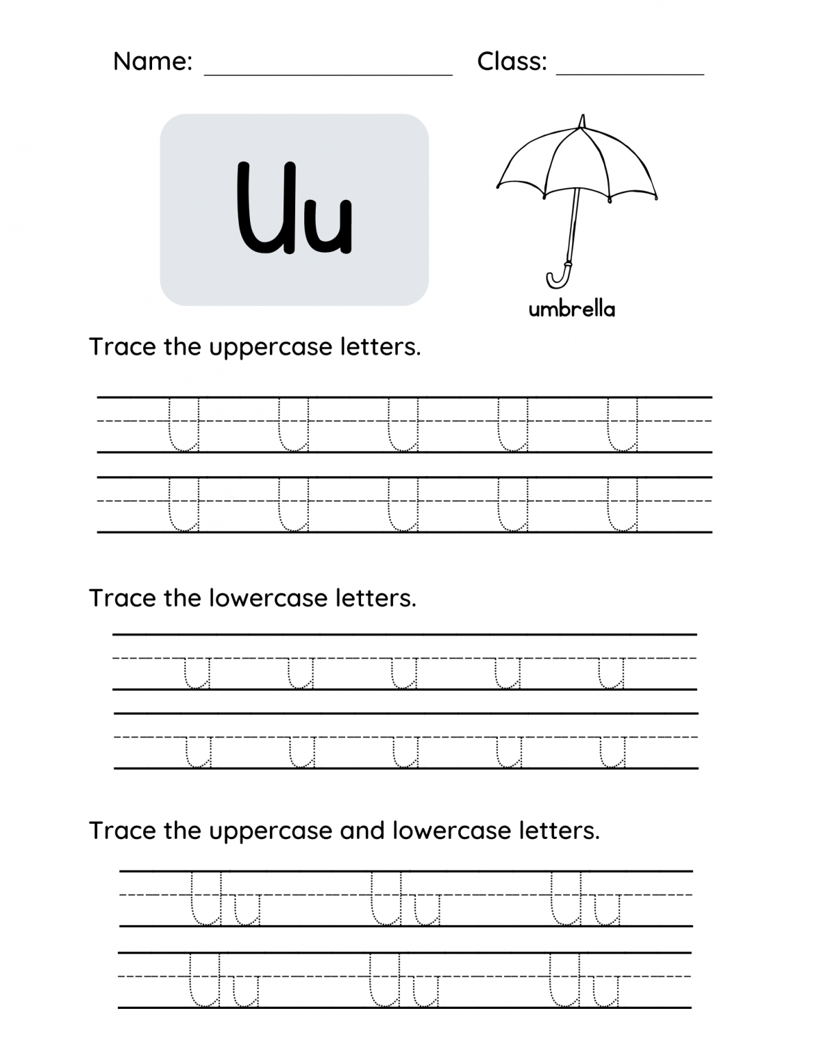 Free Tracing Letter U Printable PDF. Trace the Letter U