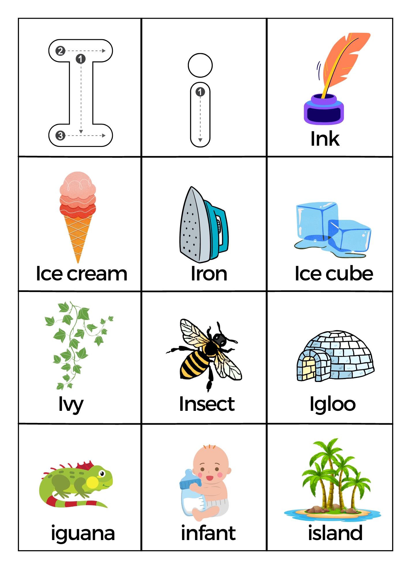 Free Letter I Pictures Worksheets Printable PDF