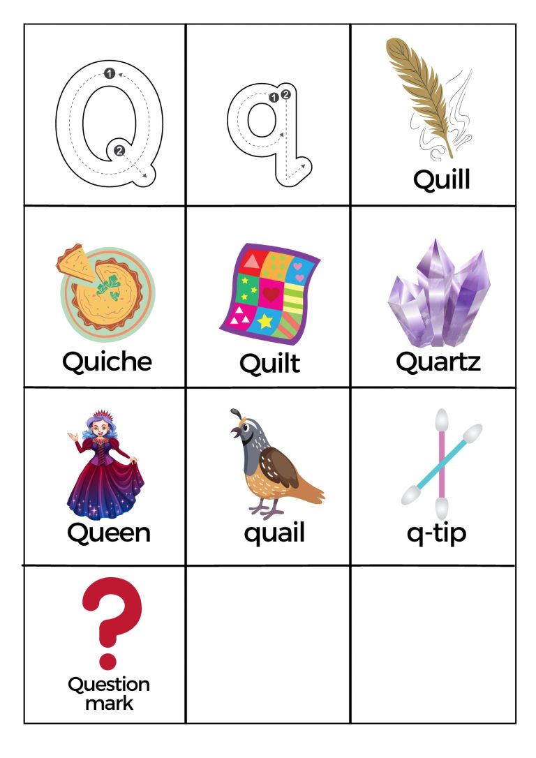 What Starts with Letter Q Words Worksheets Printable PDF