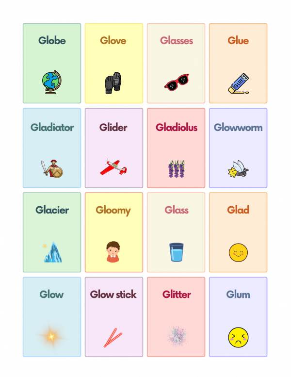 Consonant Blend GL Sound Words with Pictures Worksheet PDF