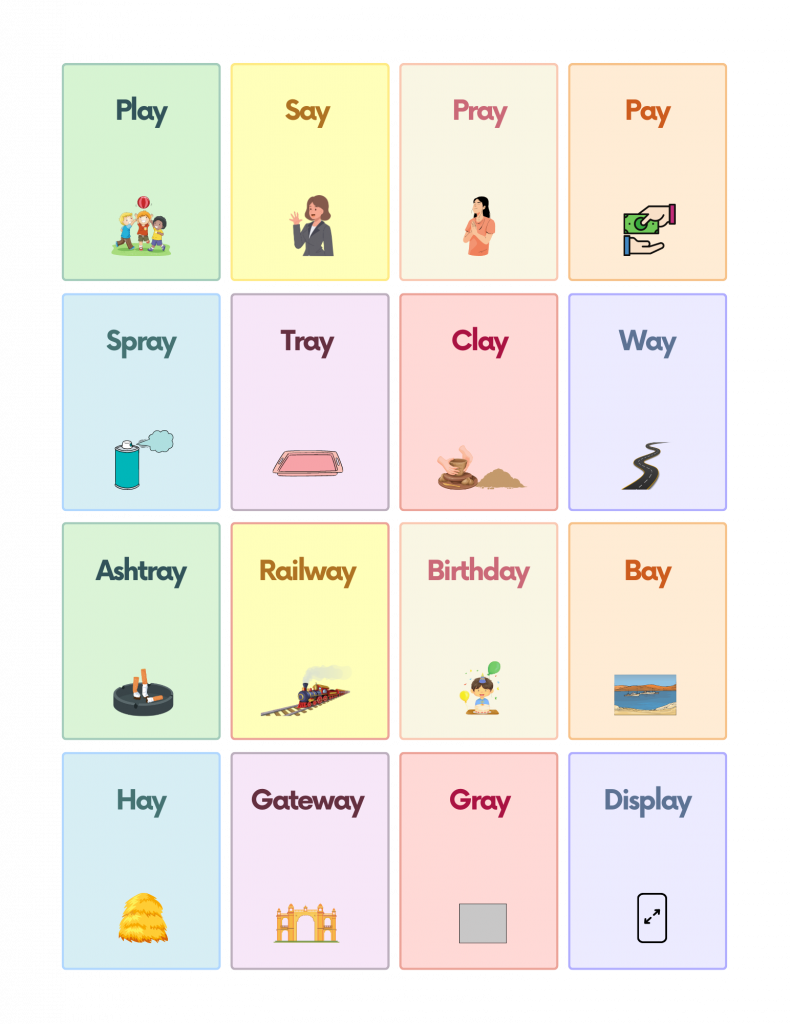 Diphthongs AY Sound Words with Pictures Worksheet PDF
