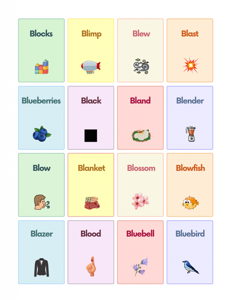 Consonant Blend BL Sound Words with Pictures Worksheet PDF