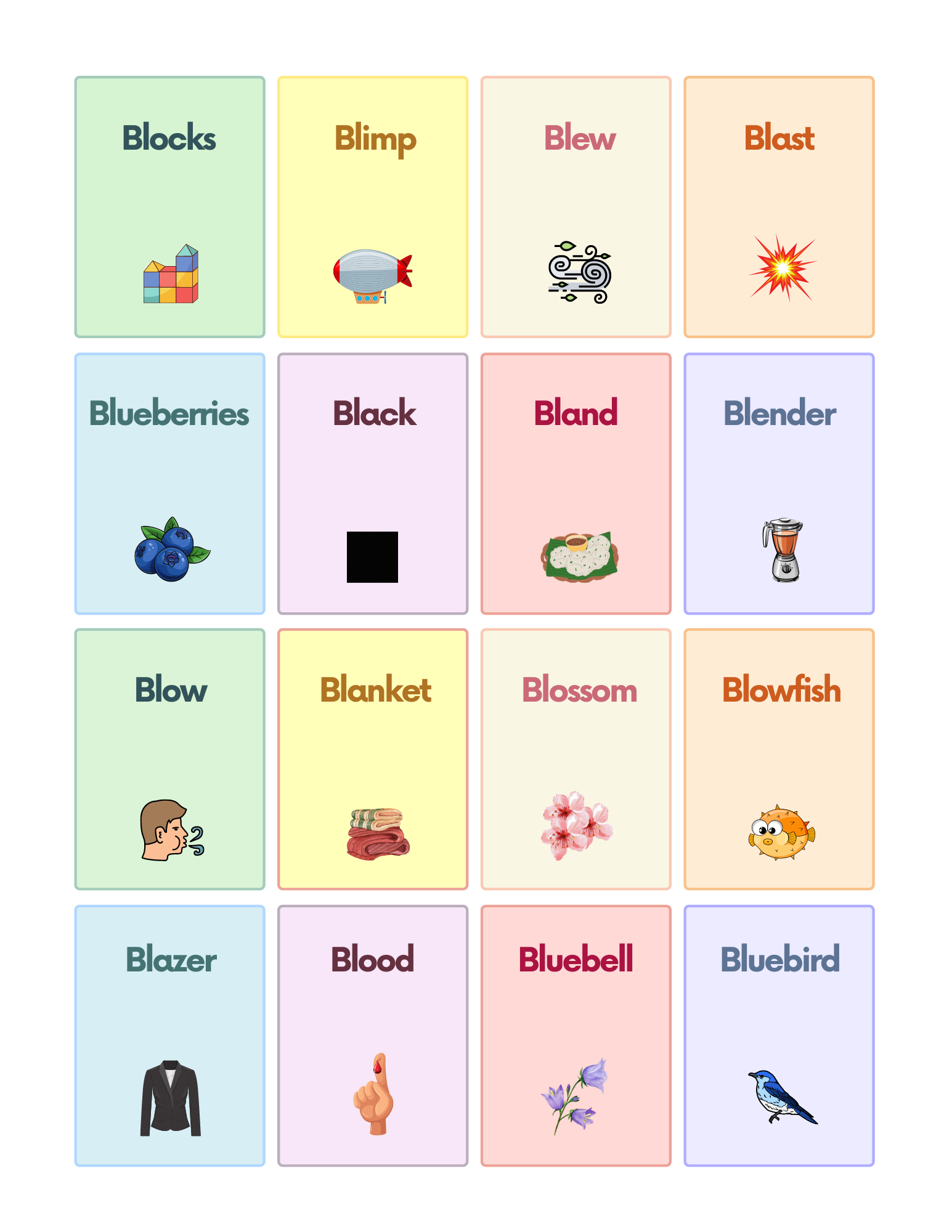 Consonant Blend BL Sound Words with Pictures Worksheet PDF