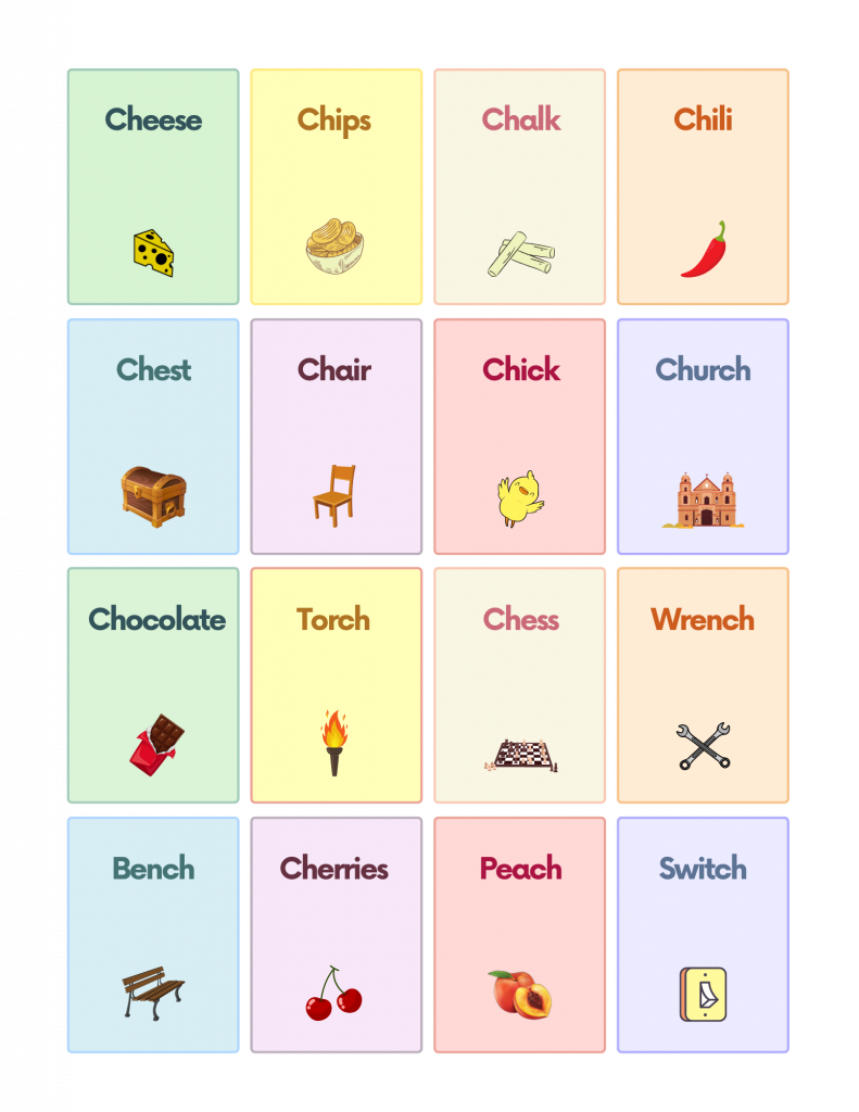 Consonant Digraphs CH Sound Words with Pictures Worksheet PDF