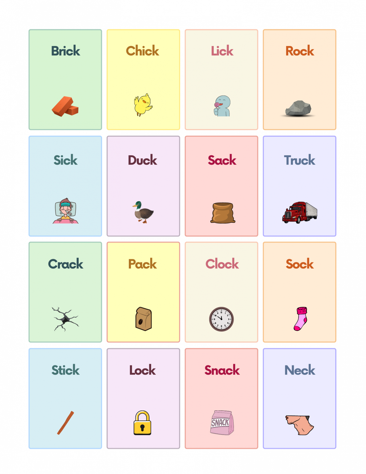 Consonant Digraphs CK Sound Words with Pictures Worksheet PDF