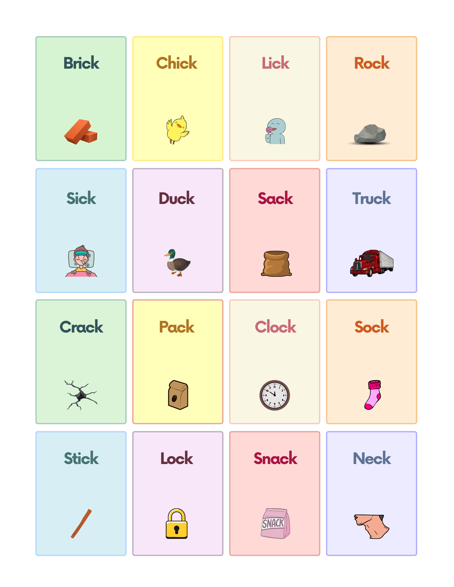 Consonant Digraphs CK Sound Words with Pictures Worksheet PDF