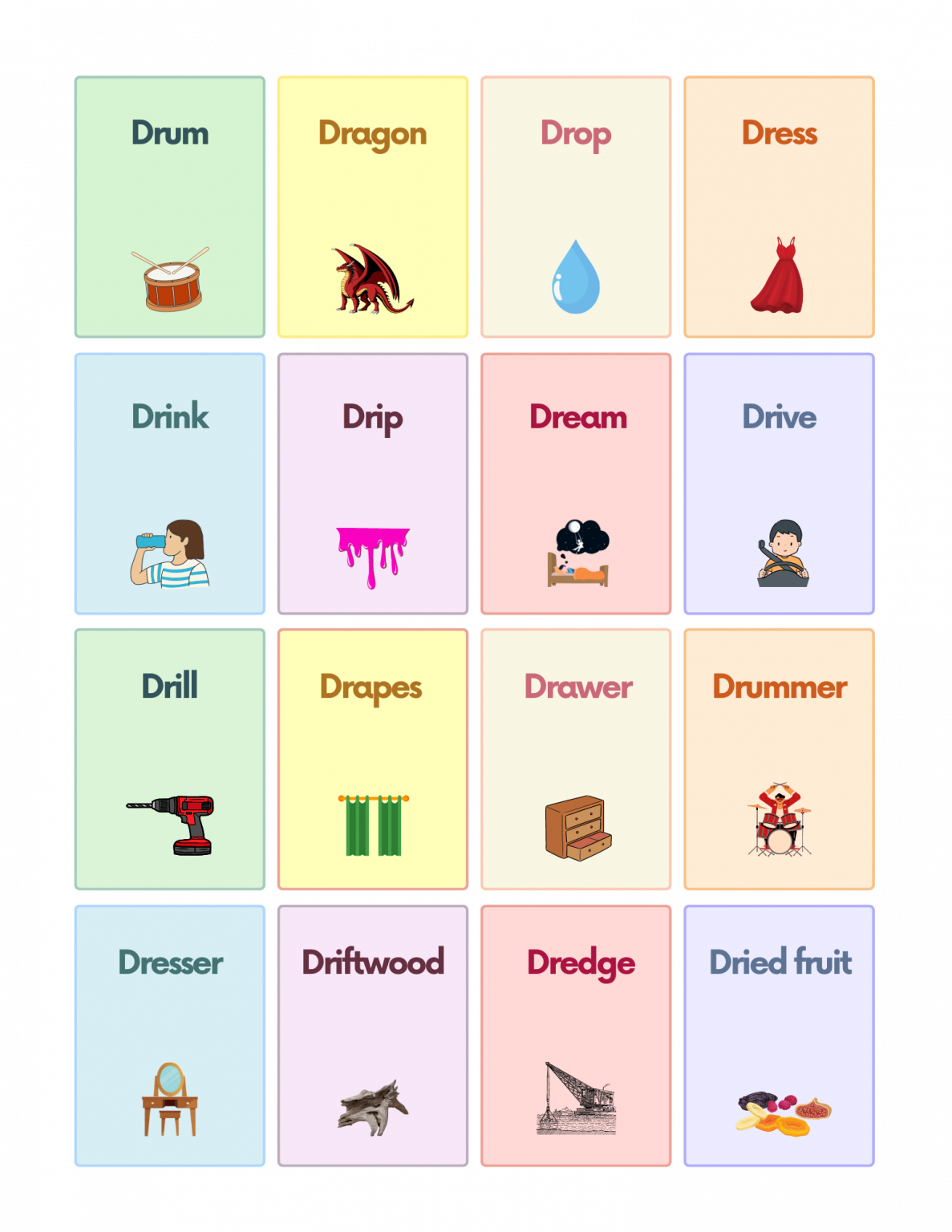 Consonant Blend DR Sound Words with Pictures Worksheet PDF