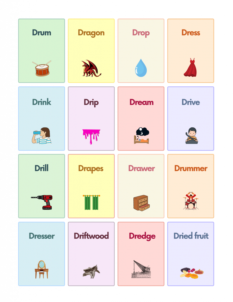 Consonant Blend DR Sound Words with Pictures Worksheet PDF