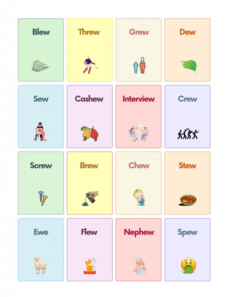 Diphthongs EW Sound Words with Pictures Worksheet PDF