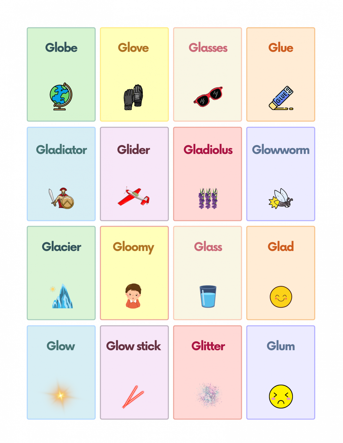 Consonant Blend GL Sound Words with Pictures Worksheet PDF