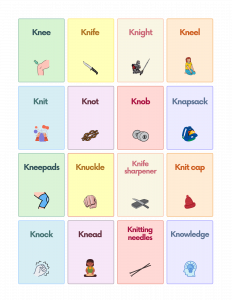 Consonant Digraphs KN Sound Words with Pictures Worksheet PDF