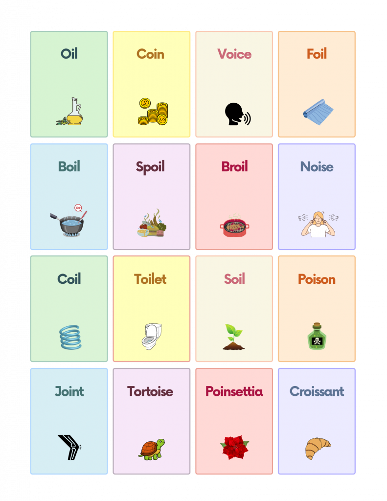 Diphthongs OI Sound Words with Pictures Worksheet PDF