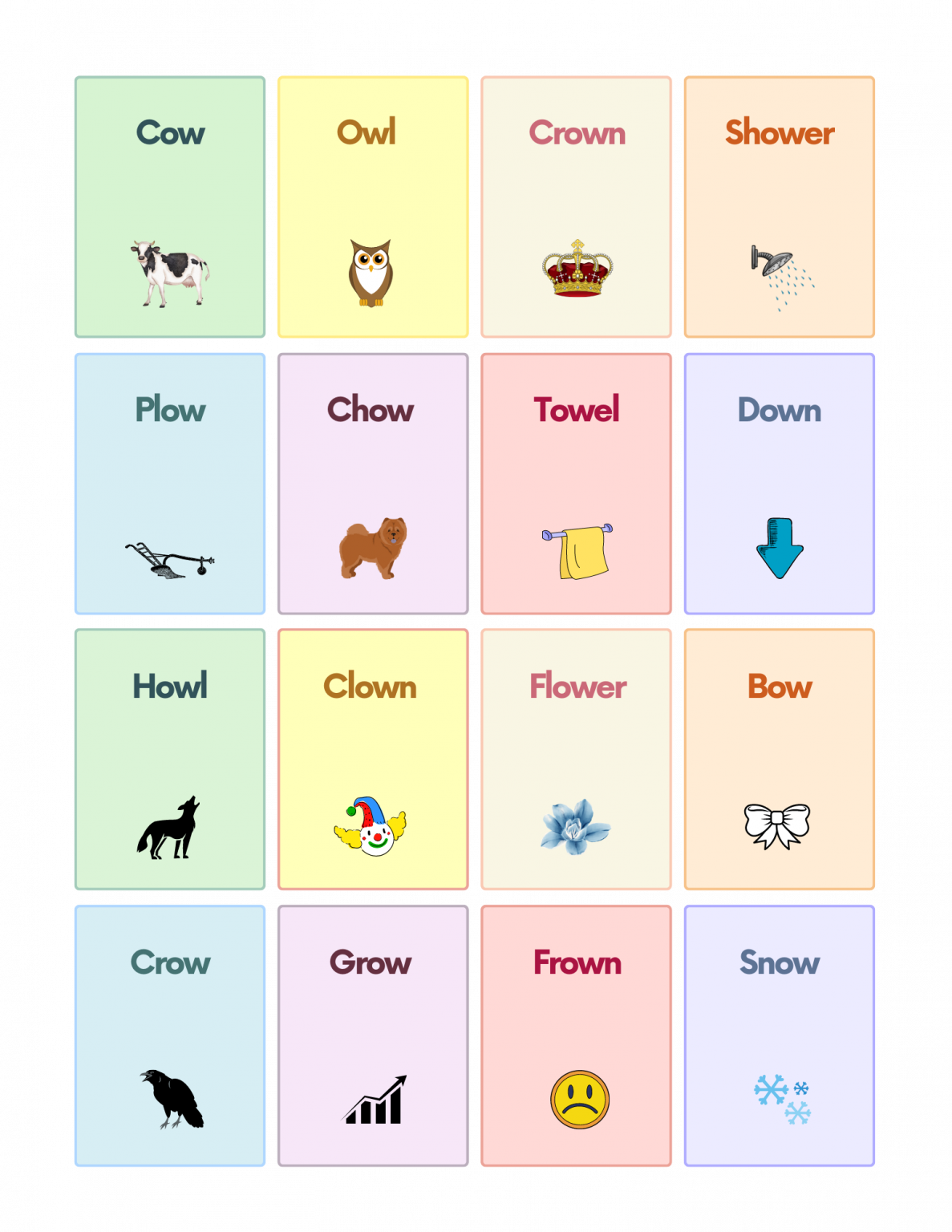 Diphthongs OW Sound Words with Pictures Worksheet PDF