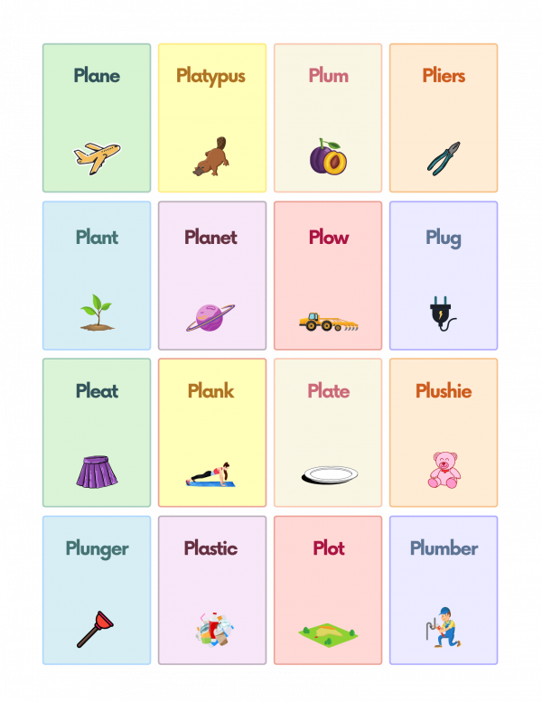 Consonant Blend PL Sound Words with Pictures Worksheet PDF