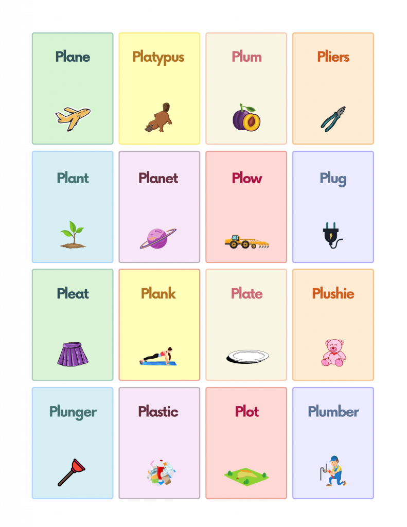 Consonant Blend PL Sound Words with Pictures Worksheet PDF