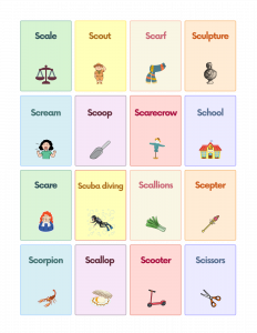 Consonant Blend SC Sound Words with Pictures Worksheet PDF