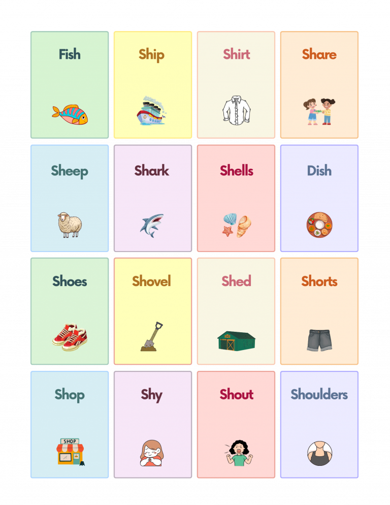 Consonant Digraphs SH Sound Words With Pictures Worksheet PDF