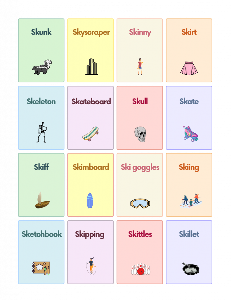 Consonant Blend SK Sound Words with Pictures Worksheet PDF