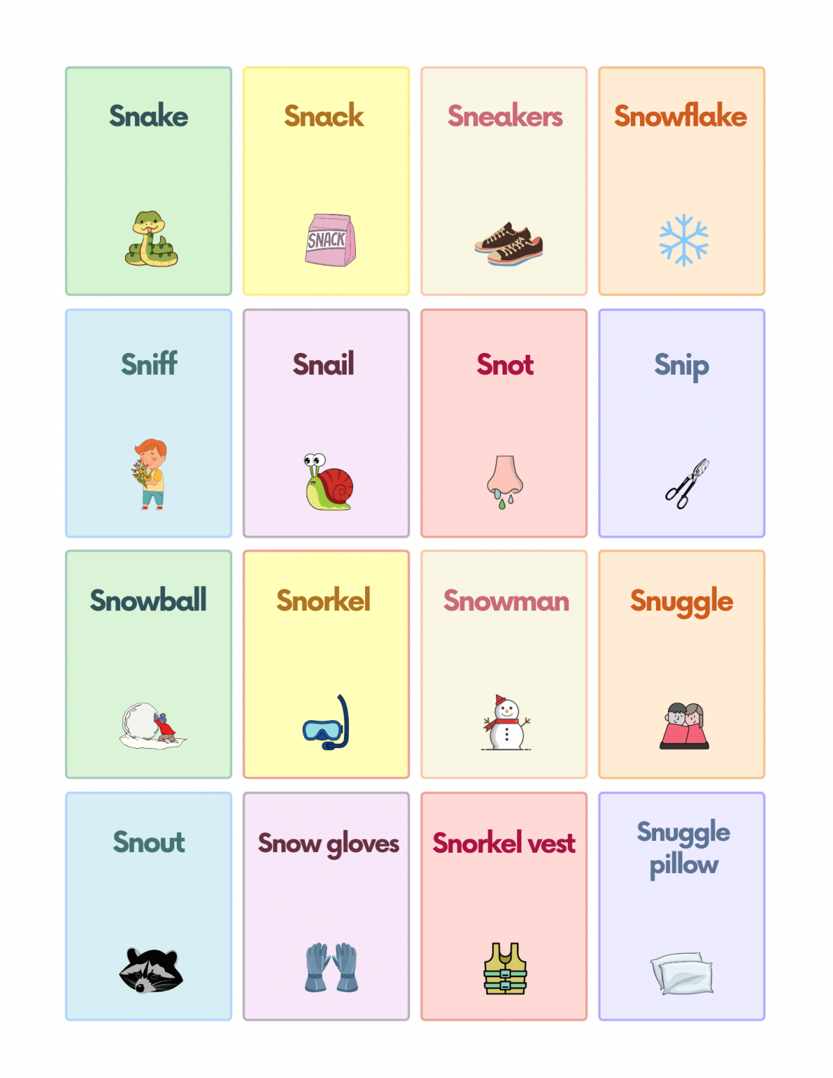 Consonant Blend SN Sound Words with Pictures Worksheet PDF