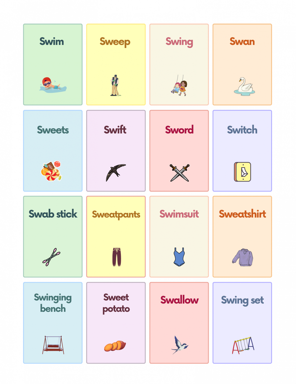 Consonant Blend SW Sound Words with Pictures Worksheet PDF