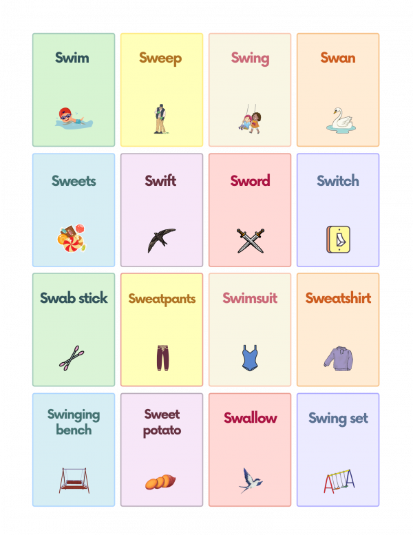 Consonant Blend SW Sound Words with Pictures Worksheet PDF