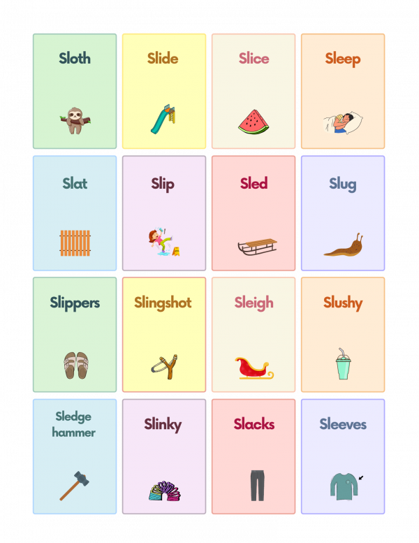 Consonant Blend SL Sound Words with Pictures Worksheet PDF