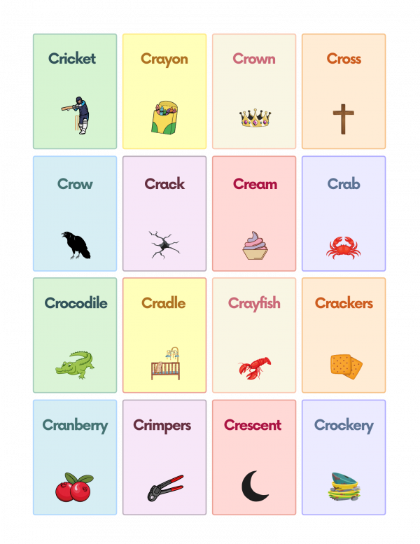 Consonant Blend CR Sound Words with Pictures Worksheet PDF