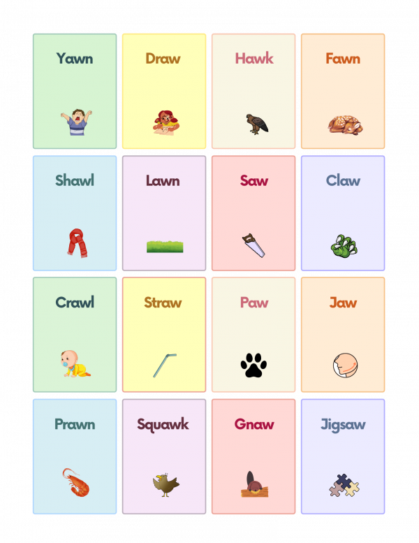 Diphthongs AW Sound Words with Pictures Worksheet PDF