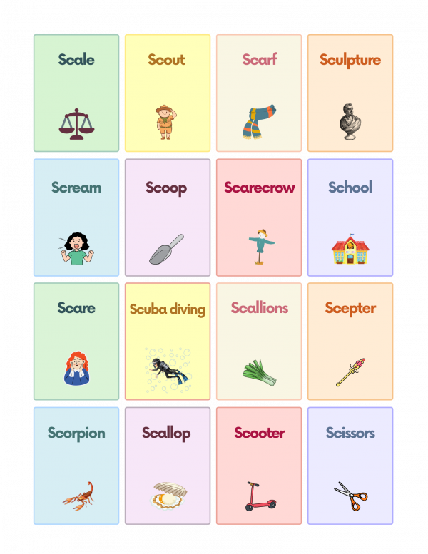 Consonant Blend SC Sound Words with Pictures Worksheet PDF