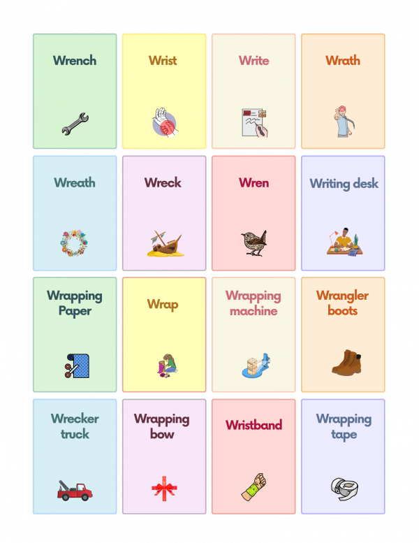 Consonant Digraphs WR Sound Words with Pictures Worksheet PDF