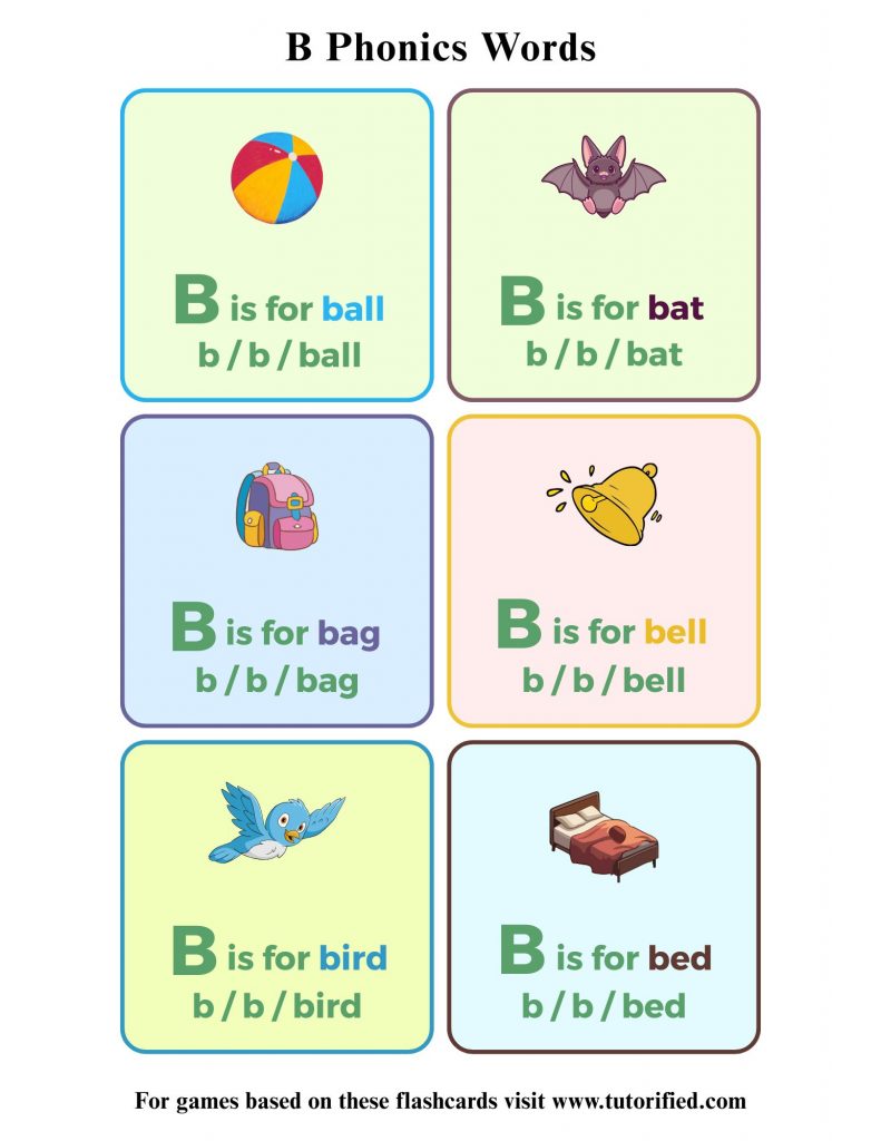B Phonics Words Worksheets with Pictures Printable PDF