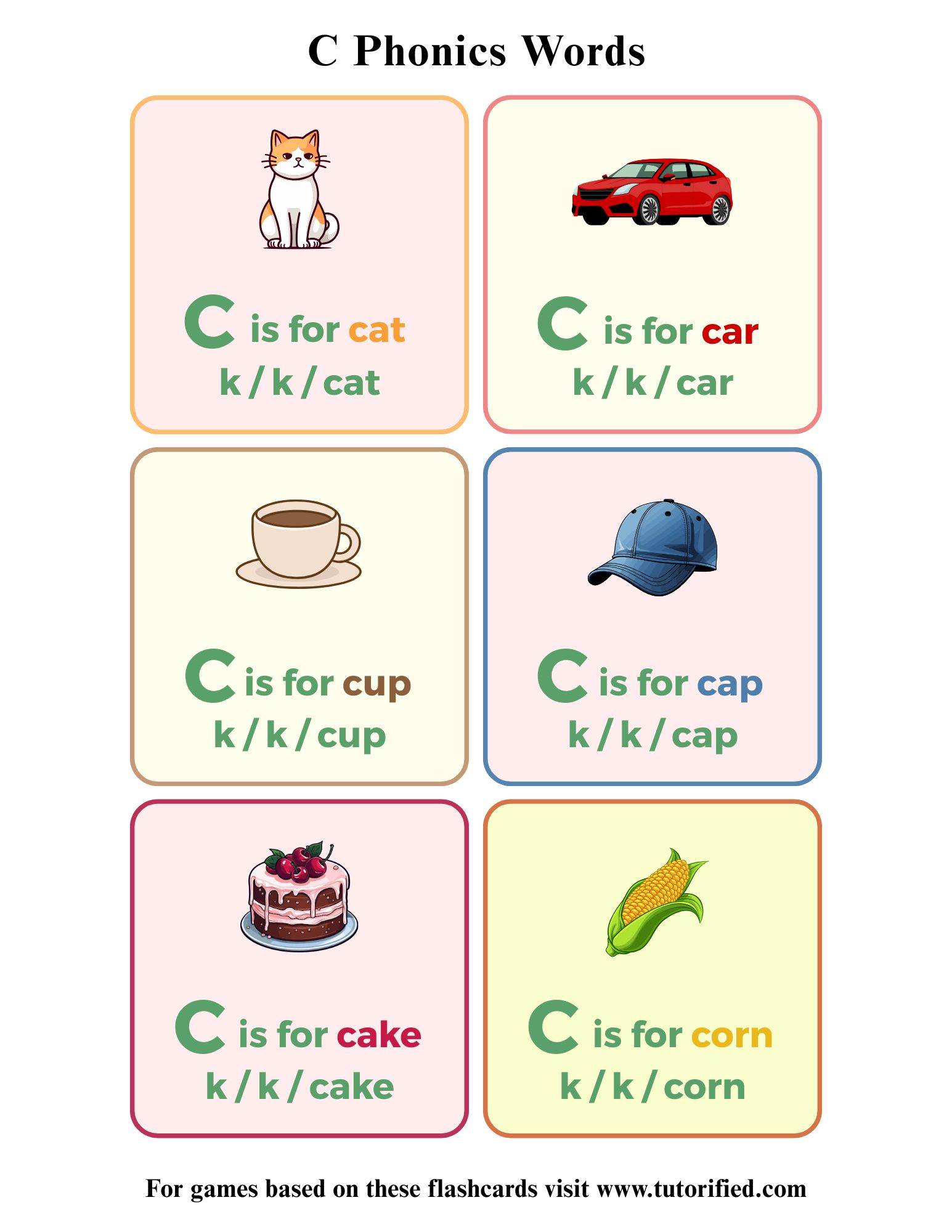 C Phonics Words Worksheets with Pictures Printable PDF