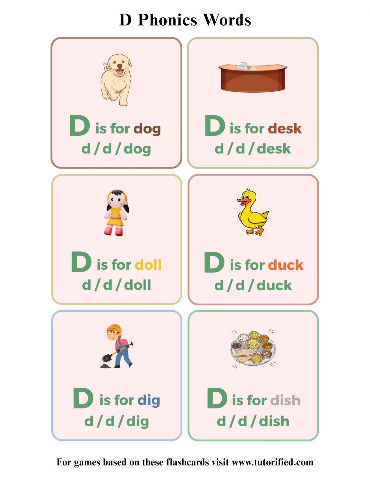D Phonics Words Worksheets with Pictures Printable PDF