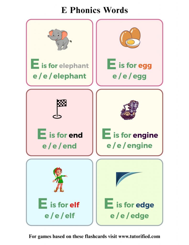 E Phonics Words Worksheets with Pictures Printable PDF