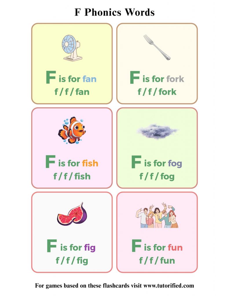 F Phonics Words Worksheets with Pictures Printable PDF