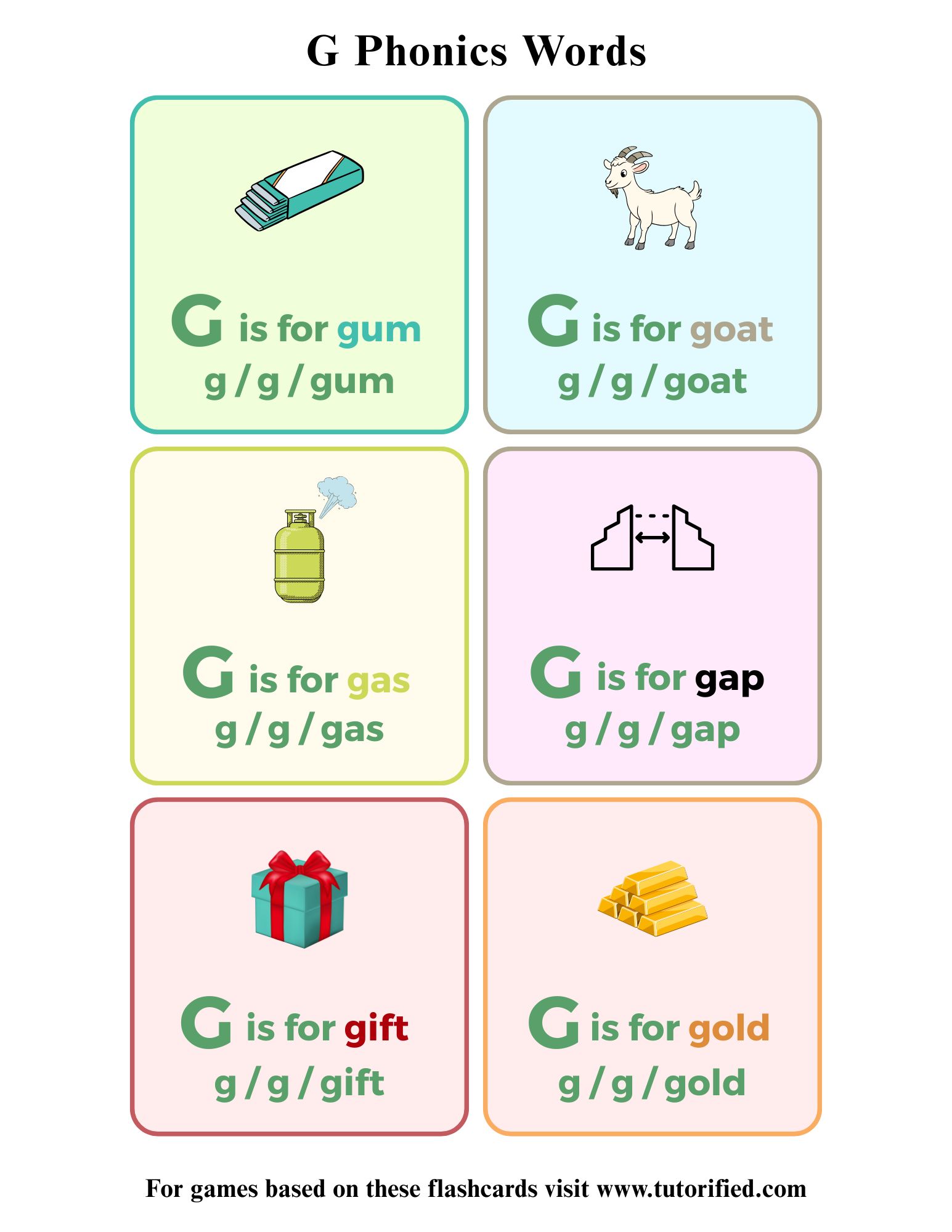 G Phonics Words Worksheets with Pictures Printable PDF