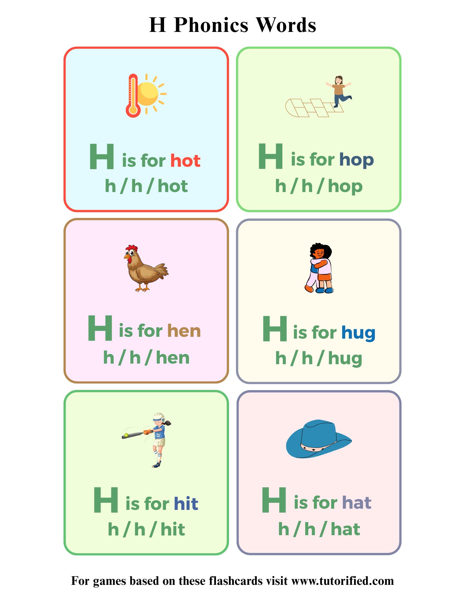 H Phonics Words Worksheets with Pictures Printable PDF