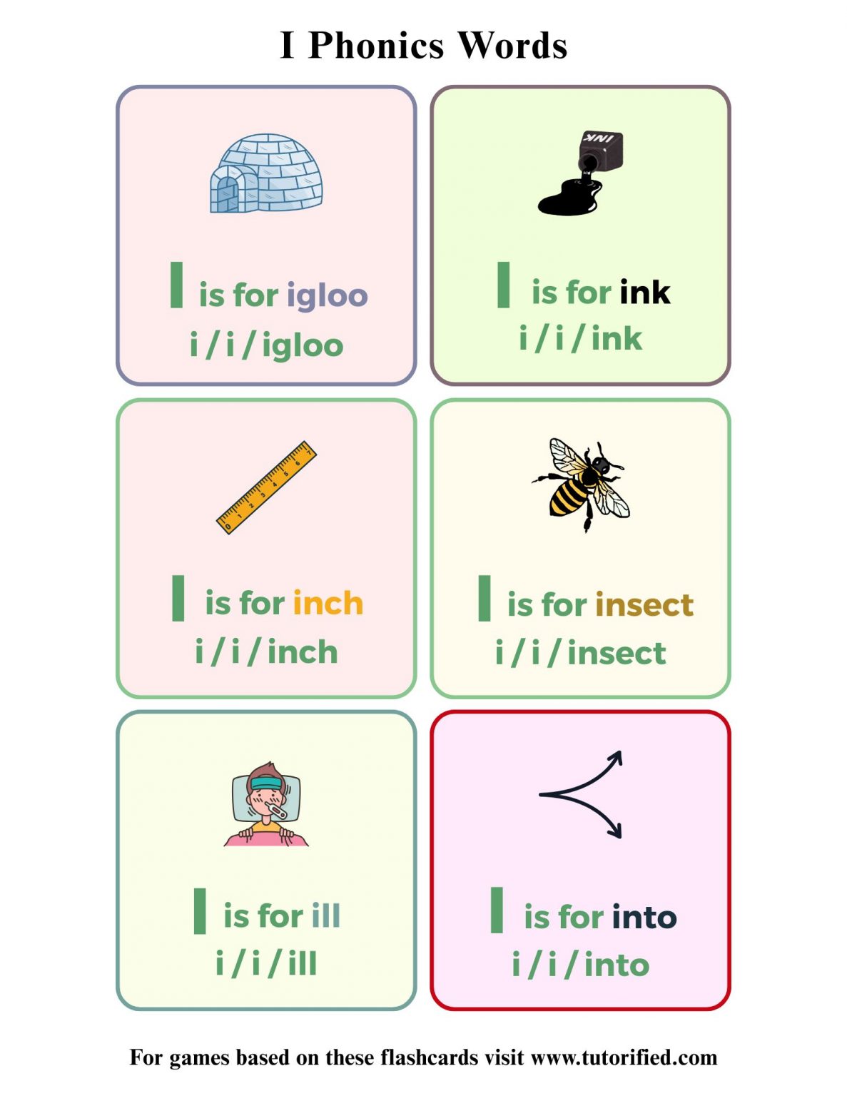 I Phonics Words Worksheets with Pictures Printable PDF
