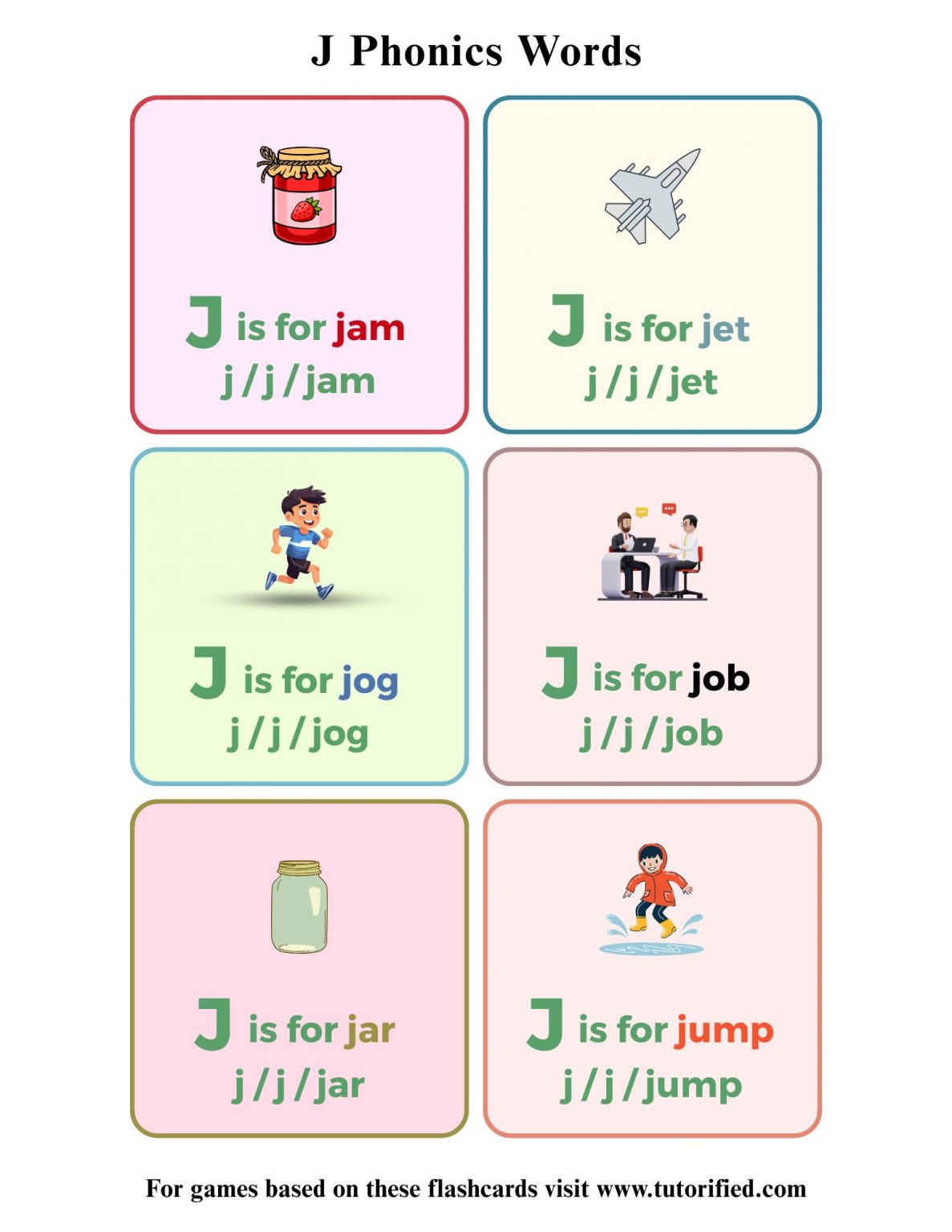 J Phonics Words Worksheets with Pictures Printable PDF