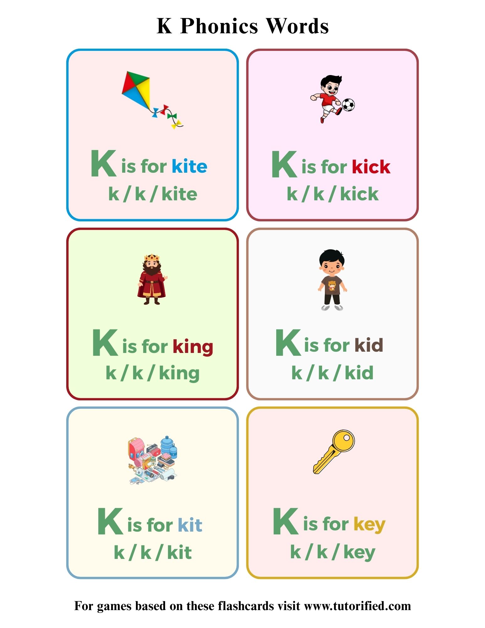 K Phonics Words Worksheets with Pictures Printable PDF