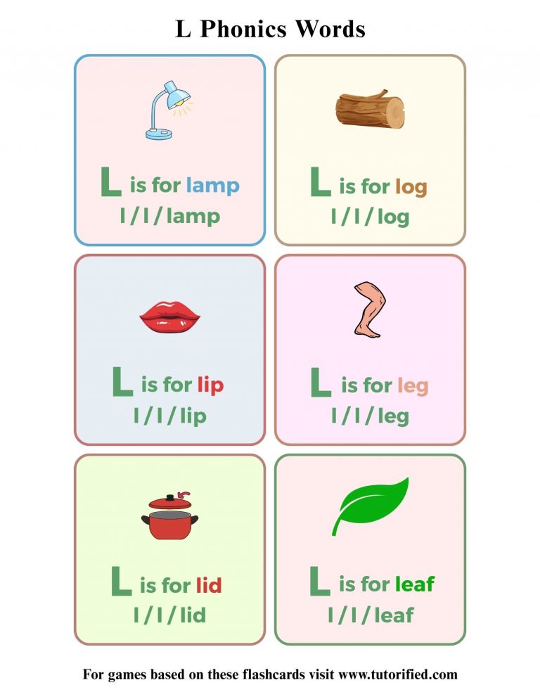 L Phonics Words Worksheets with Pictures Printable PDF