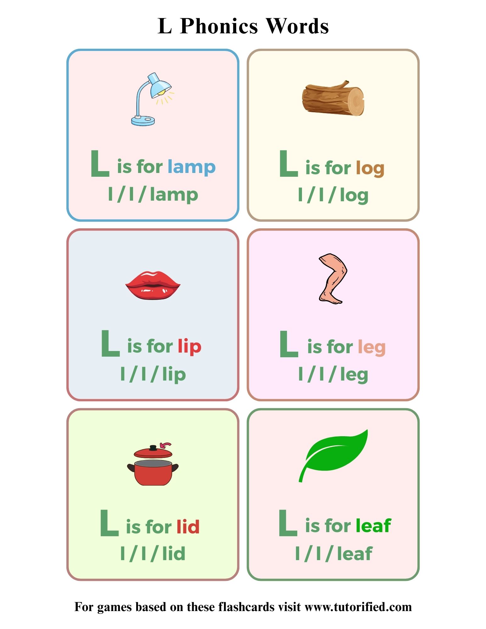 L Phonics Words Worksheets with Pictures Printable PDF