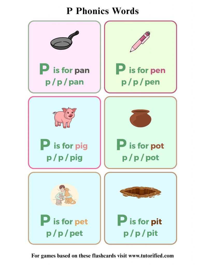 P Phonics Words Worksheets with Pictures Printable PDF