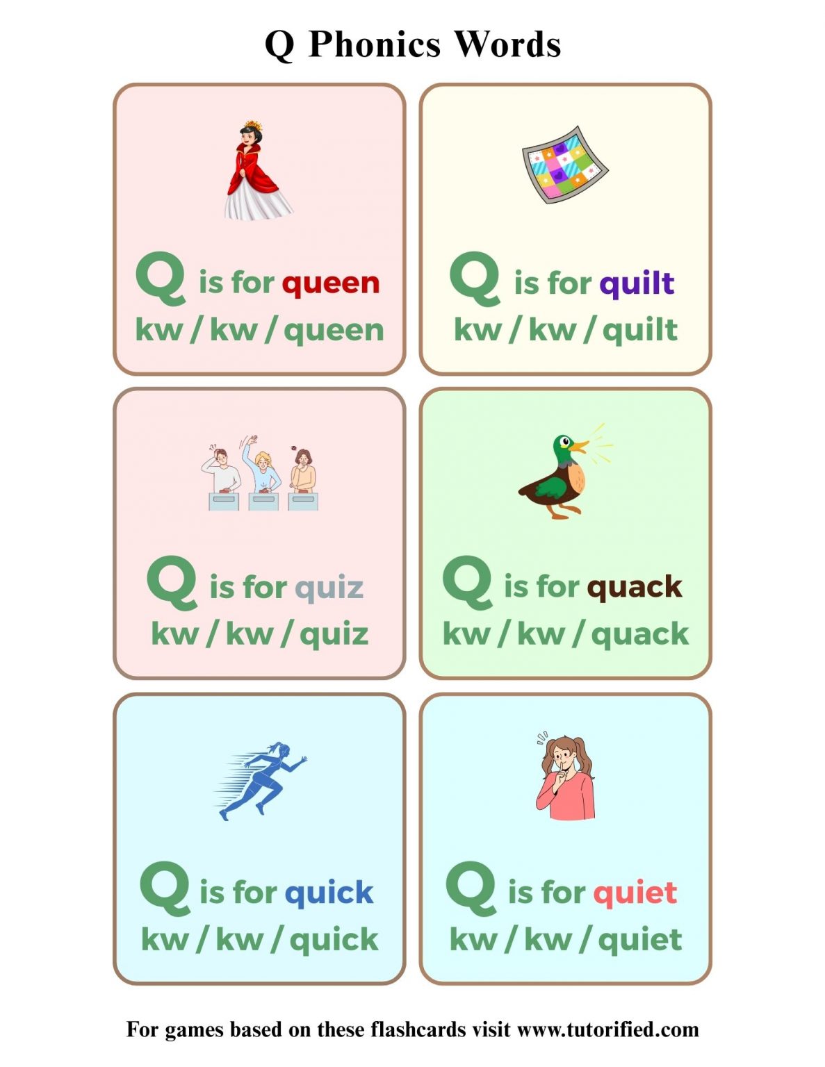 Q Phonics Words Worksheets with Pictures Printable PDF
